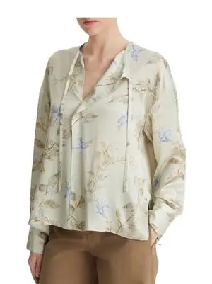 Vince Bellflower Satin V-neck Blouse With Pendant Tie - White