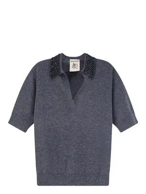 SEMICOUTURE Bead-embellished Knitted Polo Sweater - Medium Grey