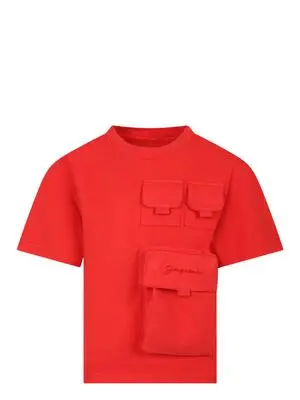 Jacquemus Embroidered Round Neck T-shirt With Pockets - Red