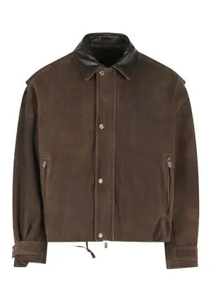 SALVATORE SANTORO Oversized Suede Jacket With Leather Collar - Brown