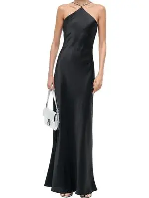 STAUD Staud Long Satin Halterneck Dress With Silver Beaded Straps