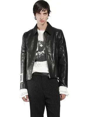 ANN DEMEULEMEESTER Sandor Grained Leather Jacket With Graphic Logo - Black