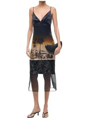 Staud Sleeveless Tropical Print Midi Dress With Sequin Embellishments - Black