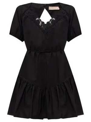 TWINSET Embroidered Lace-trim Ruffled Mini Dress - Black