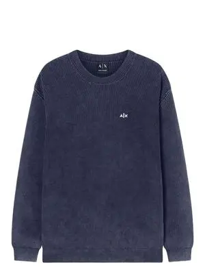 Armani Exchange Ribbed Crew Neck Long Sleeve Jumper With Embroidered Logo - Blue