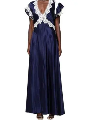 Alberta Ferretti V-neck Maxi Dress With Lace Trim - Black