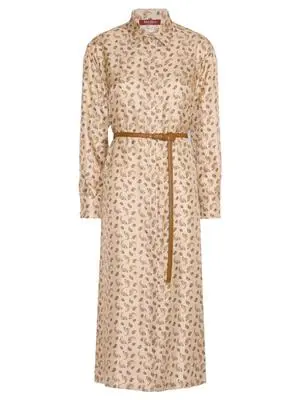 Max Mara Long Sleeve Collared Printed Midi Dress - Beige