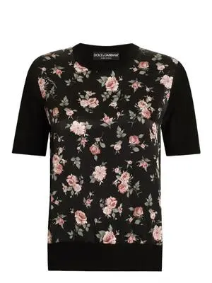 Dolce & Gabbana Floral Print Round Neck T-shirt - Black