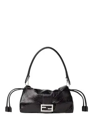 Fendi Baguette Soft Medium Crackled Leather Bag - Black