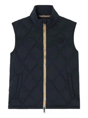 Burberry Quilted Down Vest With House Check Trim - Navy