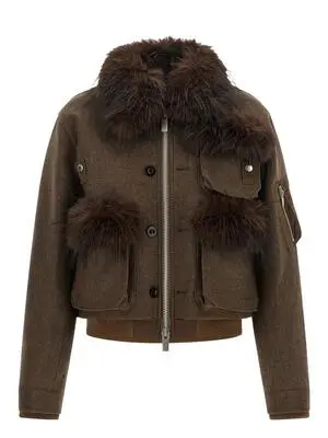 Sacai Melton Wool Bomber Jacket With Fur Accents - Brown