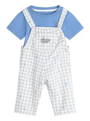 Kenzo Checked Cotton Dungarees Set With Logo Embellishment - White