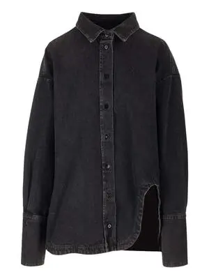 Attico Logo Embroidered Buttoned Denim Shirt With Slit Detail - Black