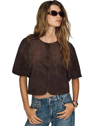 DOLAN LEFT COAST Faux-suede Puff Sleeve Cropped Jacket - Brown