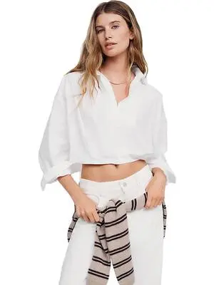 Anthropologie By Anthropologie Cropped Cotton Bubble-Hem Shirt White