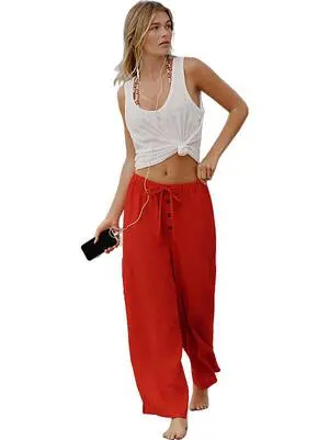 CELANDINE High-rise Pull-on Linen Blend Pants - Red