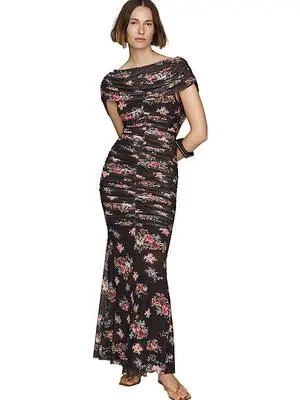 AFRM Floral Print Ruched Cap Sleeve Maxi Dress - Java Snake Floral