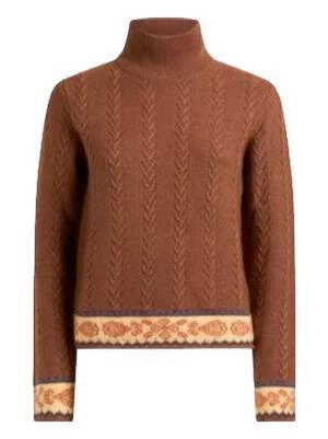 Etro High Neck Cable Knit Sweater With Floral Trim - Brown