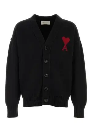 AMI Paris Wool Cardigan With De Coeur Embroidery - Black