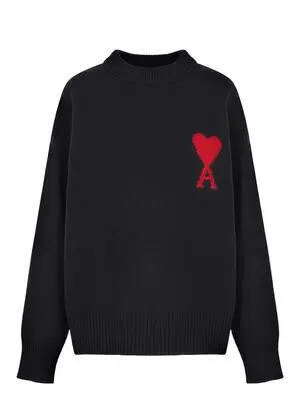 AMI Paris Long-sleeved Knitwear Pullover With Heart Motif - Black