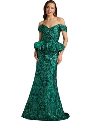 Tadashi Shoji Corliss Bubble Peplum Gown - Emerald Green/multi