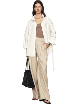 Fabrique Oversized Belted Shirt Jacket With Stand Collar - White
