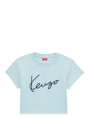 Kenzo Signature" Embroidered Cotton Cropped T-shirt - Blue