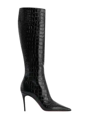 Paris Texas Knee-high Croc Effect Stiletto Boots - Black