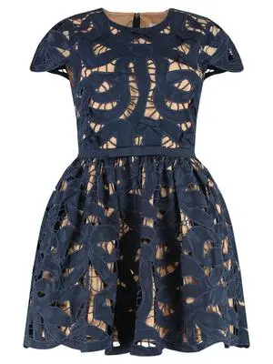 SELF-PORTRAIT Embroidered Mini Dress With Bow Details - Blue