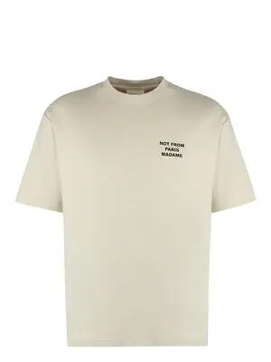 Drole De Monsieur Slogan Cotton Crew-neck T-shirt - Beige