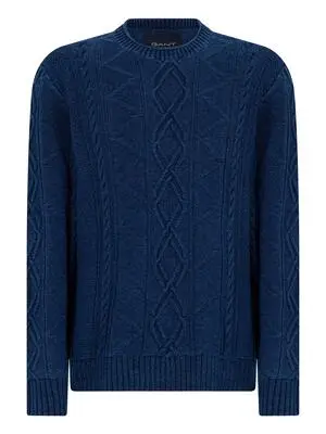 Gant Cable Knit Cotton Crew Neck Sweater - Blue