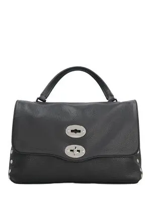 ZANELLATO Postman Grainy Calf Leather Handbag With Studded Flap And Crossbody Strap - Black