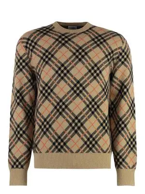 Burberry Check Motif Crew Neck Cashmere Sweater - Beige