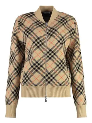 Burberry Cashmere Zip Cardigan With Checkered Pattern - Beige