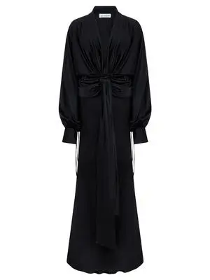 LES FILLES D'EVA Long Draped Satin Evening Gown With Plunge Neckline And Long Sleeves - Black