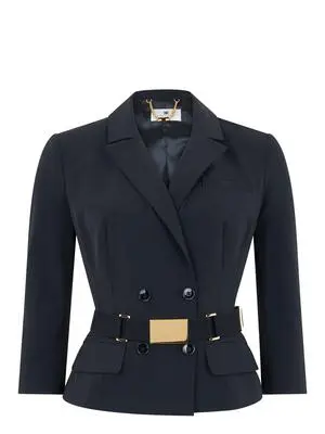 Elisabetta Franchi Stretch Fabric Fitted Jacket With Waist Belt - Black