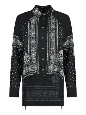 Pinko Printed Viscose Shirt With Bandana Motif And Drawstring Hem - Black