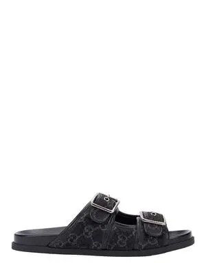 Gucci Denim Slider Sandals With Double Buckle Closure - Black