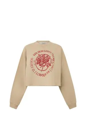 GOLDEN GOOSE Cropped Cotton Sweatshirt With Logo Print - Beige