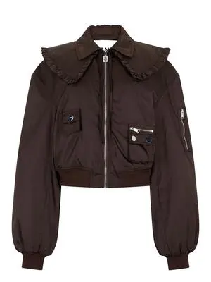GANNI Nylon Duchess Bomber Jacket With Ruffle Collar - Brown