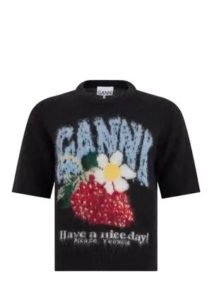 GANNI Short Sleeve Graphic Sweater - Black
