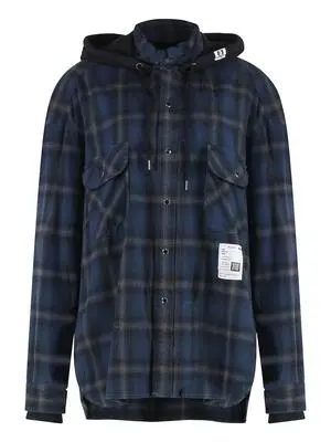 Mihara Yasuhiro Hooded Distressed Check Print Cotton Shirt - Blue