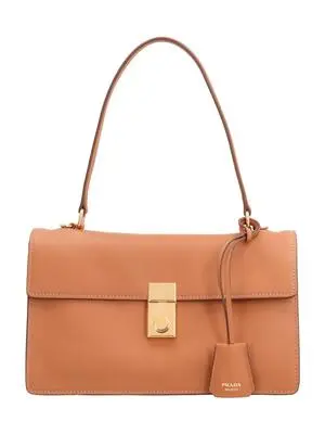 Prada Soft Calf Leather Shoulder Bag With Logo Charm - Saddle Brown