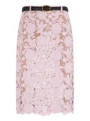 SELF-PORTRAIT Floral Lace Midi Skirt With Contrast Waistband - Pink