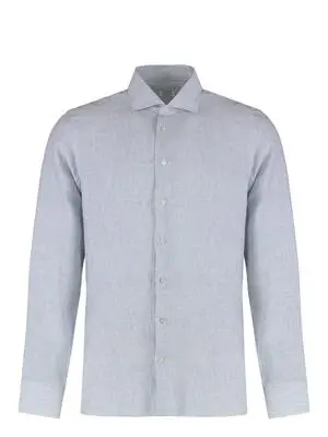 BORRIELLO NAPOLI Striped Linen Shirt With Rounded Hem - Light Blue