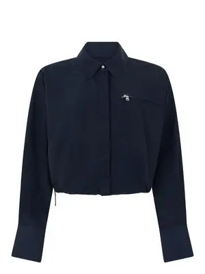 Veronica Beard Cropped Taffeta French Collar Shirt With Drawstring Waist - Blue