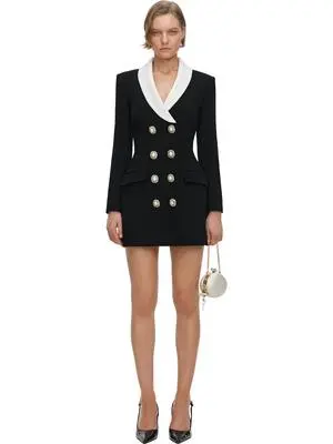 SELF-PORTRAIT Wool Crepe Dress With Contrasting Collar - Nero