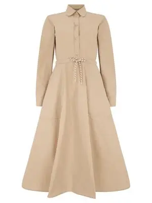 Moncler Midi Shirtdress In Poplin With Long Sleeves And Tailored Waist - Beige