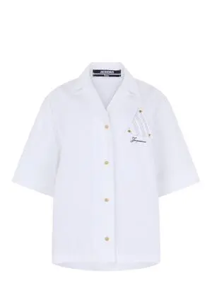 Jacquemus Short Sleeve Cotton Shirt With Classic Collar And Applique - White