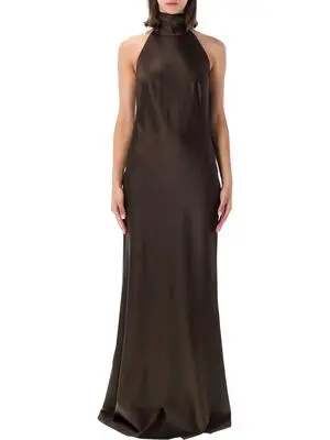Ralph Lauren Satin Column Halter Evening Dress With Open Back - Marrone
